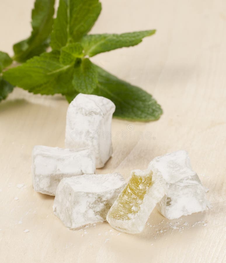 Lukum (Turkish Delight) with Mint Stock Photo - Image of powder ...