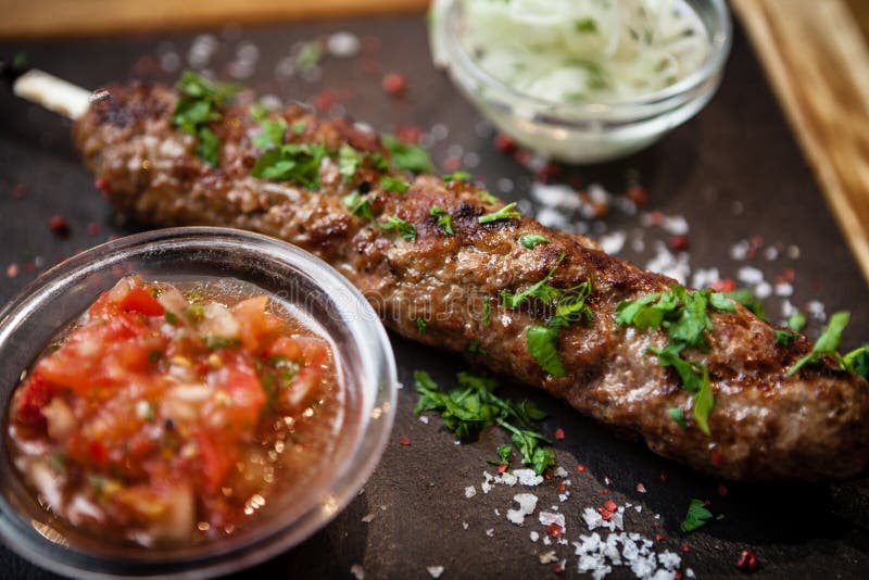 Lula Kebab with Tomato Salsa Stock Image - Image of cuisine, portion ...
