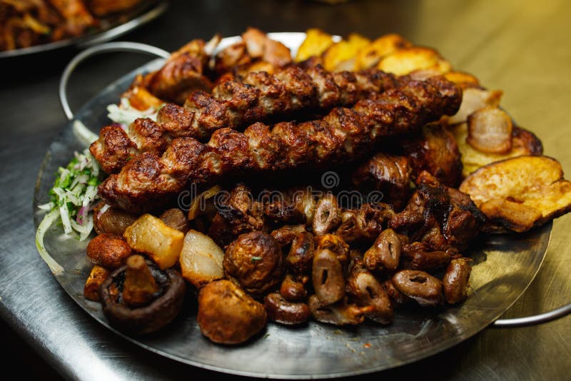 Lula Kebab with Vegetables. Minced Mutton Chop on the Big Steel Plate ...