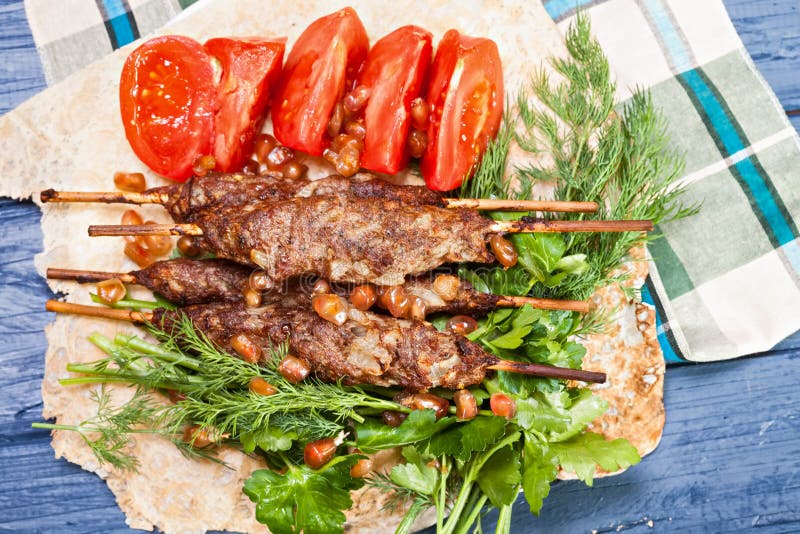 Lule kebab dish above view stock photo. Image of minced - 140910762