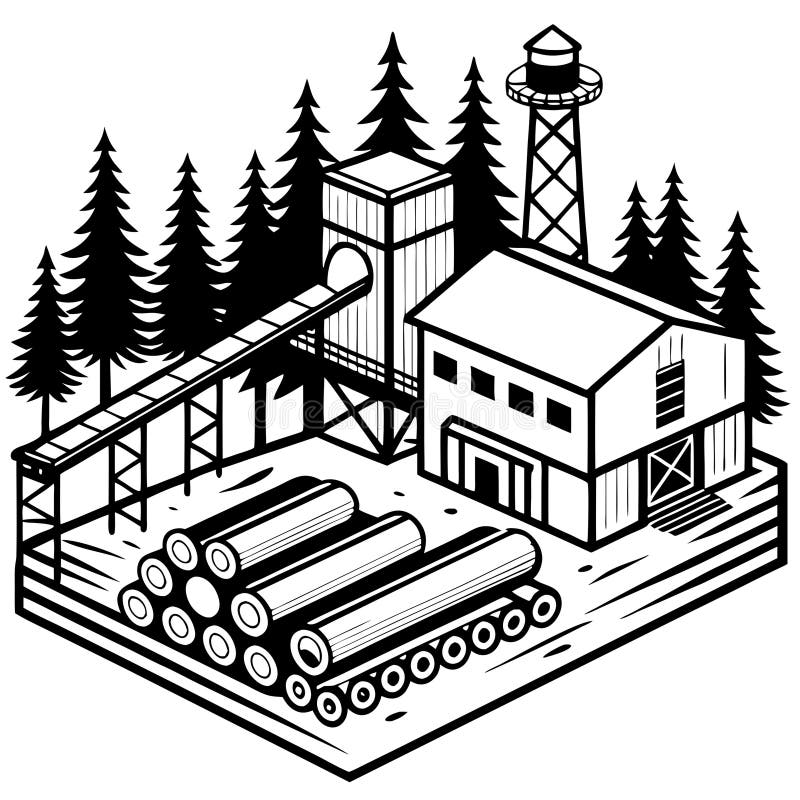 Lumber Mill Industrial Operations with Log Storage and Tower in Forest ...