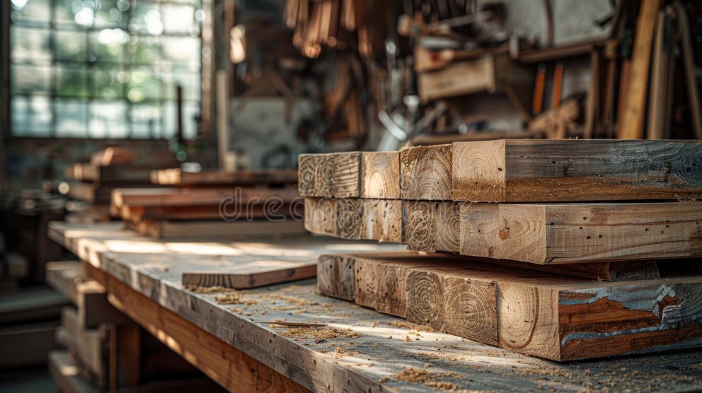 Lumber Planks on a Workbench in a Workshop Stock Image - Image of table ...