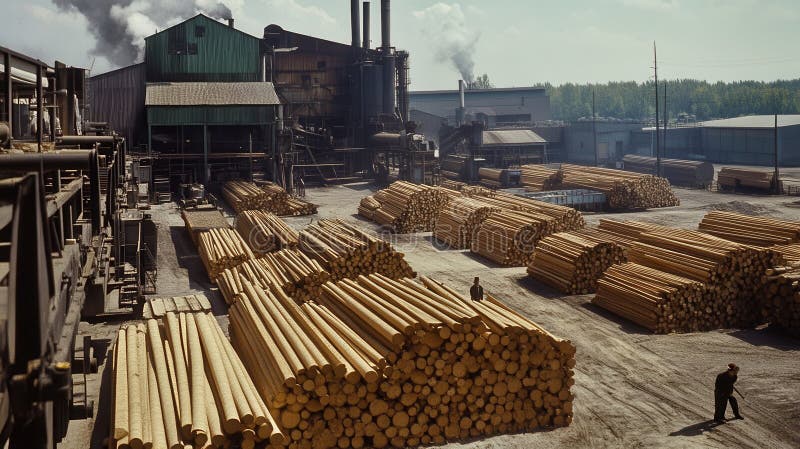 A Lumber Yard with Stacked Logs and Industrial Buildings in the ...
