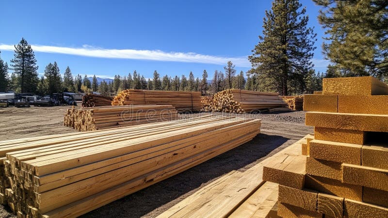Lumber Yard with Stacks of Timber in a Forested Landscape Under Blue ...