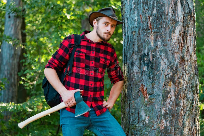 Lumberjack with Ax in His Hands. the Lumberjack Working in a Forest ...