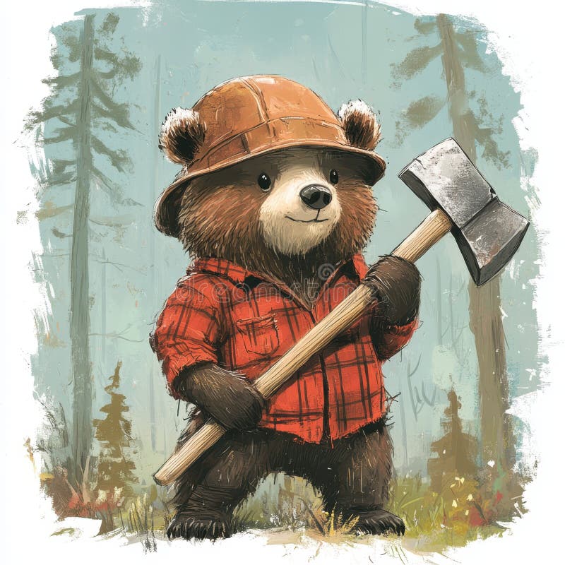 Lumberjack Bear with Axe in Forest Setting Stock Photo - Image of bear ...