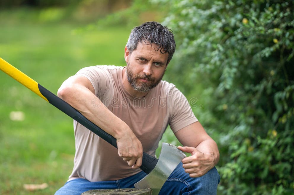 Lumberjack Check Sharp Axe Blade. Sweating Man with Axe. Lumberjack in ...