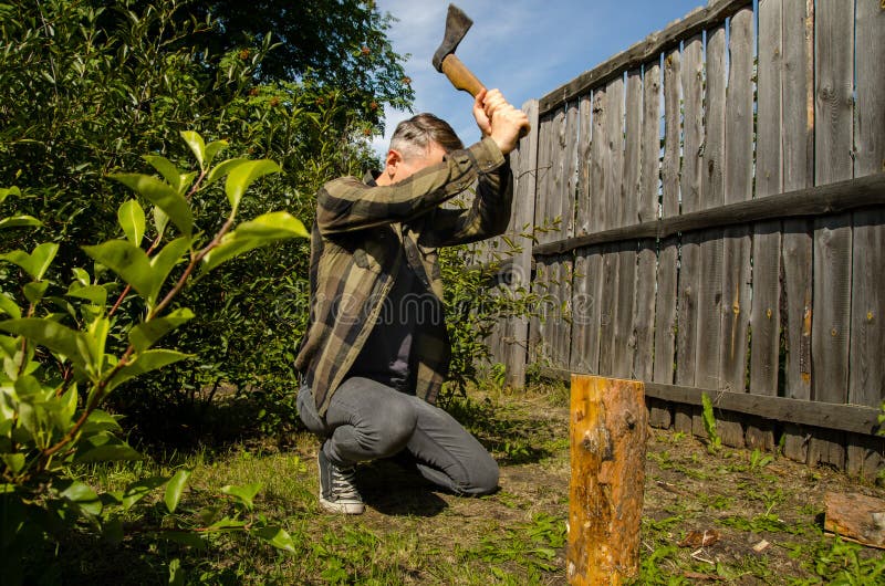 Lumberjack Chopping Wood. Young Man Chopping Woods with an Axe Stock ...