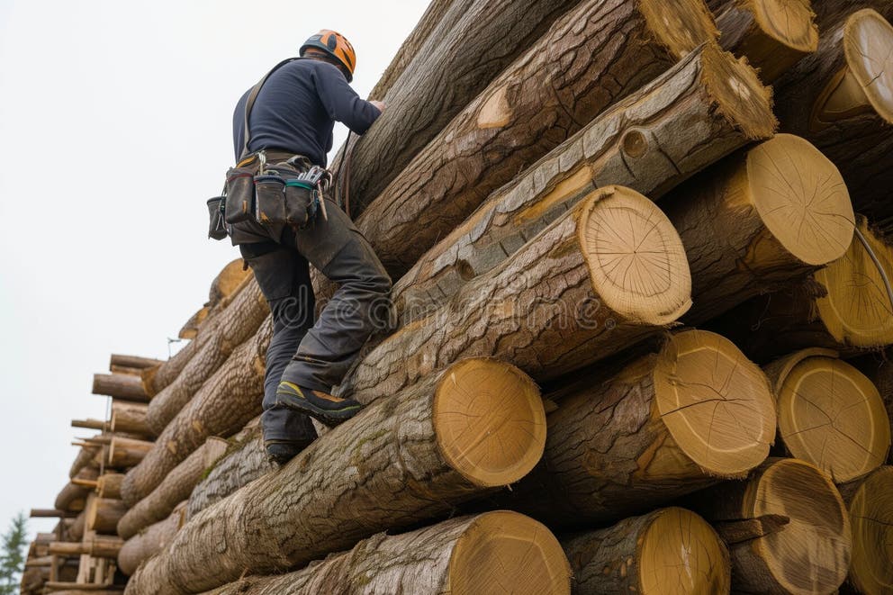 Lumberjack Climbing on a Stack of Large Timber Logs Stock Image - Image ...