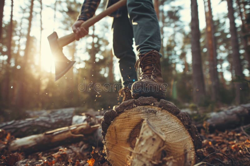 A Lumberjack Cuts Down a Tree in a Remote Forest with a Sharp Axe, an ...