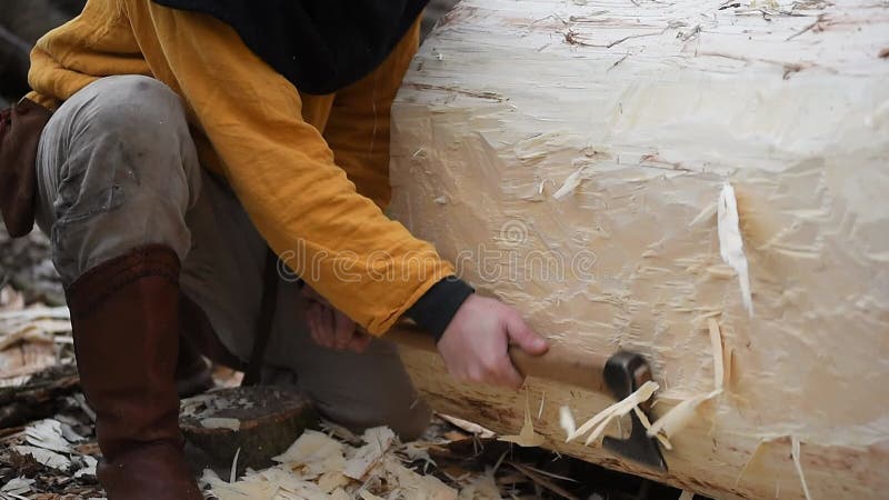 Lumberjack Debarking the Bark of a Tree in the Mountains with Manual ...