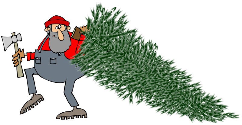 Lumberjack Dragging A Pine Tree Stock Illustration - Illustration of ...