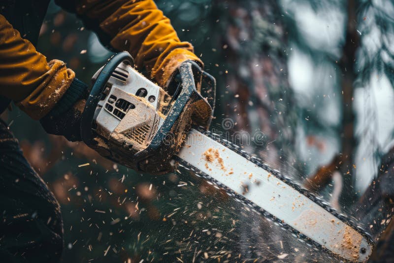 Lumberjack Sawing a Tree with a Chainsaw in the Forest Stock Photo ...