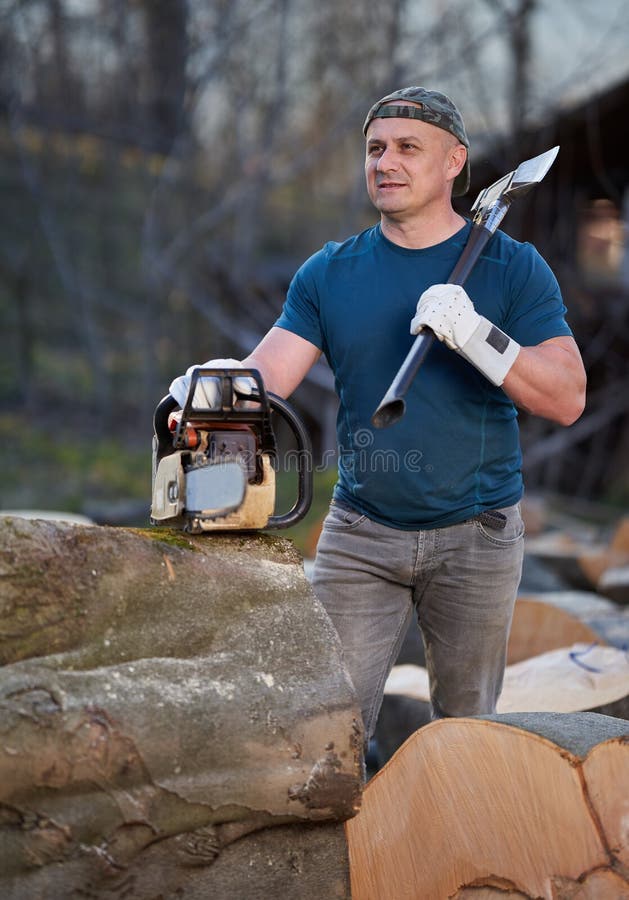 Lumberjack by Sawn Off Logs Stock Photo - Image of beech, equipment ...