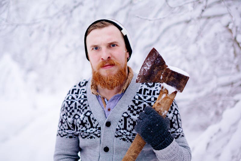 Lumberjack in the Snowy Winter Forest Stock Image - Image of ...