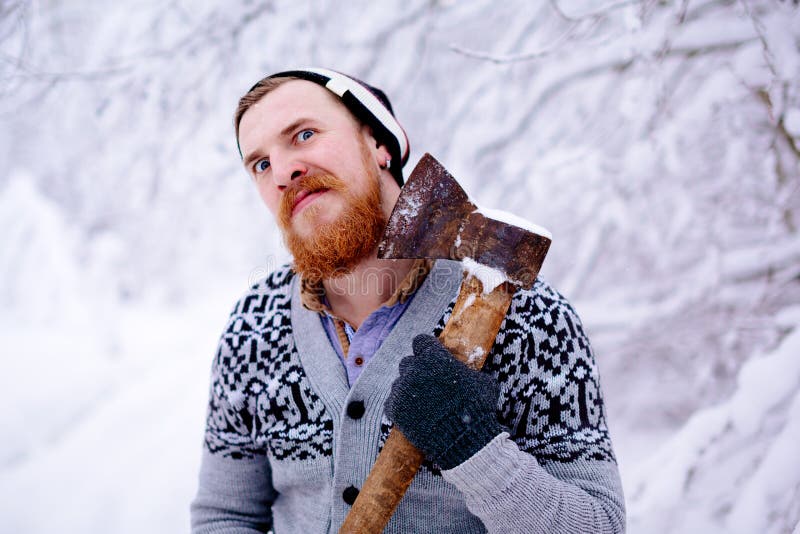 Lumberjack in the Snowy Winter Forest Stock Photo - Image of pants ...