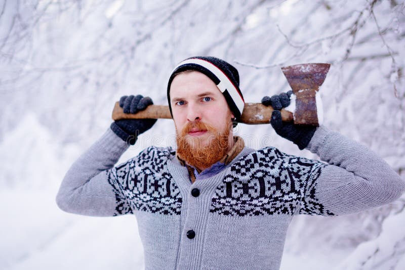 Lumberjack in the Snowy Winter Forest Stock Image - Image of forest ...