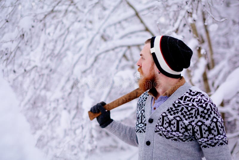 Lumberjack in the Snowy Winter Forest Stock Photo - Image of gloves ...