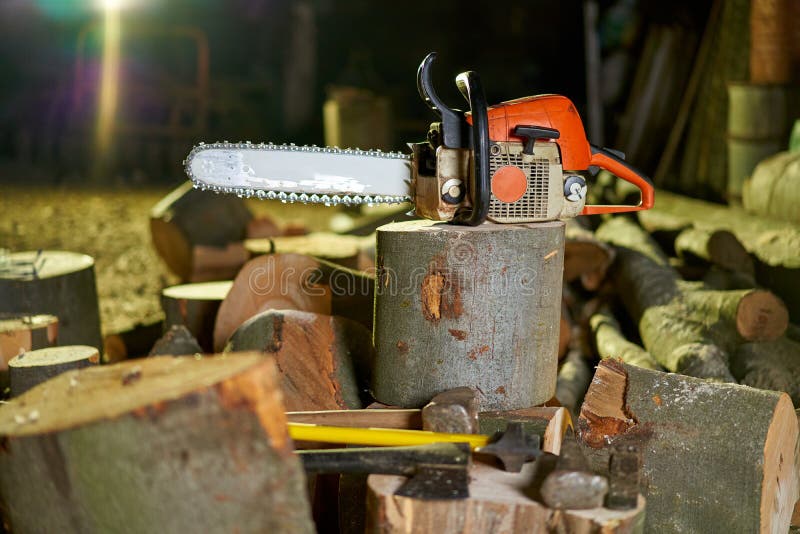 Lumberjack Tools on Logs in the Night Stock Photo - Image of tree ...