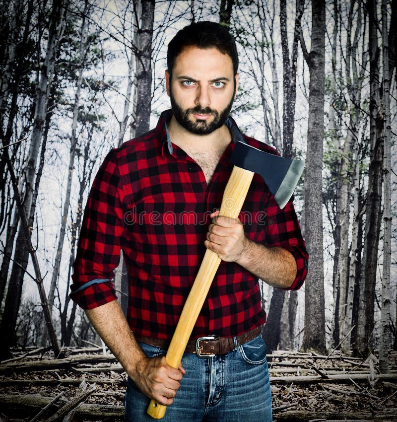 Angry Lumberjack Shout with Axe Outdoor. Photo of Angry Lumberjack with ...
