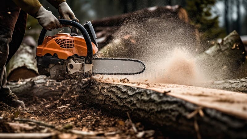 Lumberjack Using a Chainsaw To Cut through a Large Log. Stock Photo ...