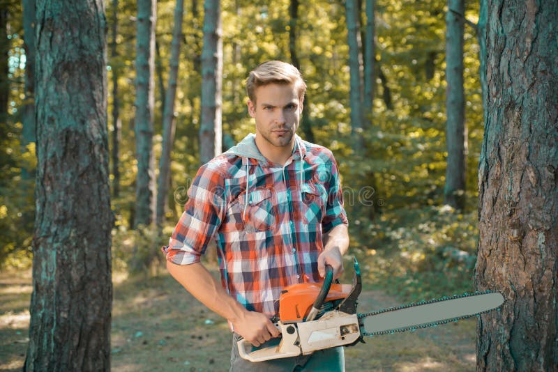 Lumberjack in the Woods with Chainsaw Axe. Lumberjack Worker Walking in ...