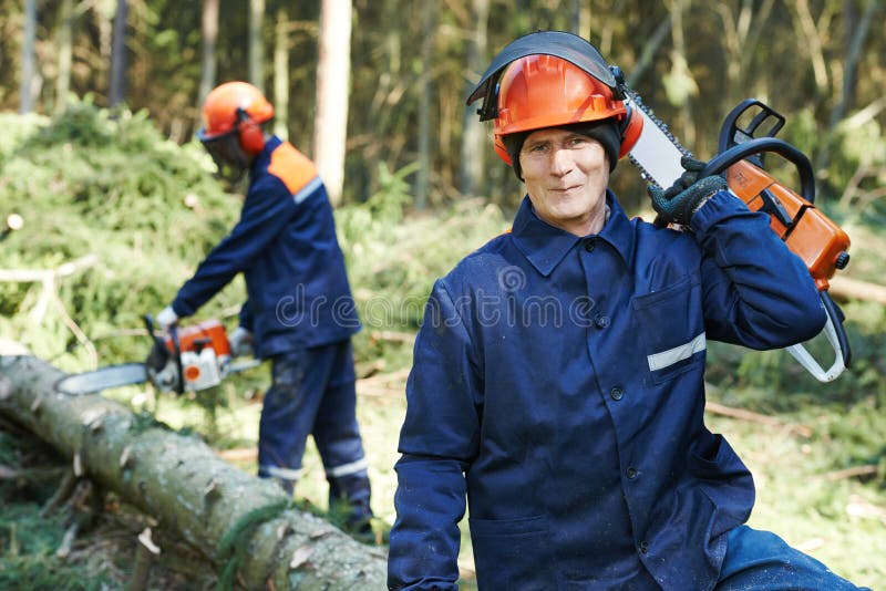 Lumberjack Worker with Chainsaw in the Forest Stock Image - Image of ...