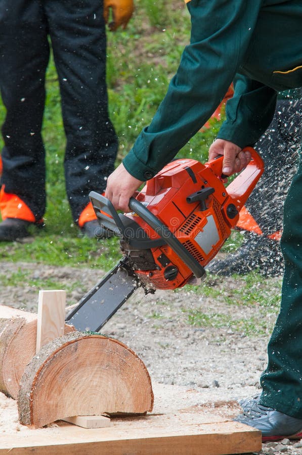 Lumberjack Worker with Chainsaw in the Forest Stock Image - Image of ...