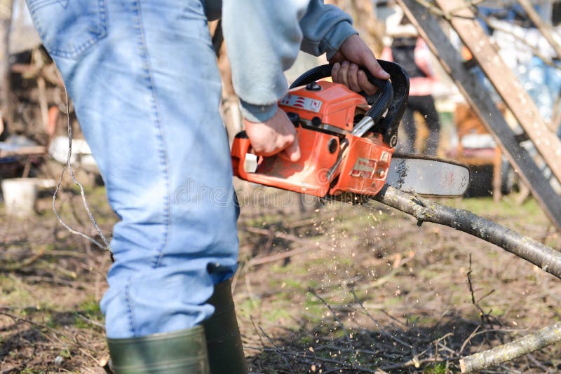 Lumberjack Working with Chainsaw, Cutting Wood Stock Photo - Image of ...
