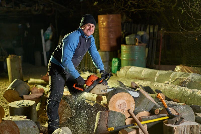 Lumberjack Working through the Night Stock Image - Image of outdoor ...