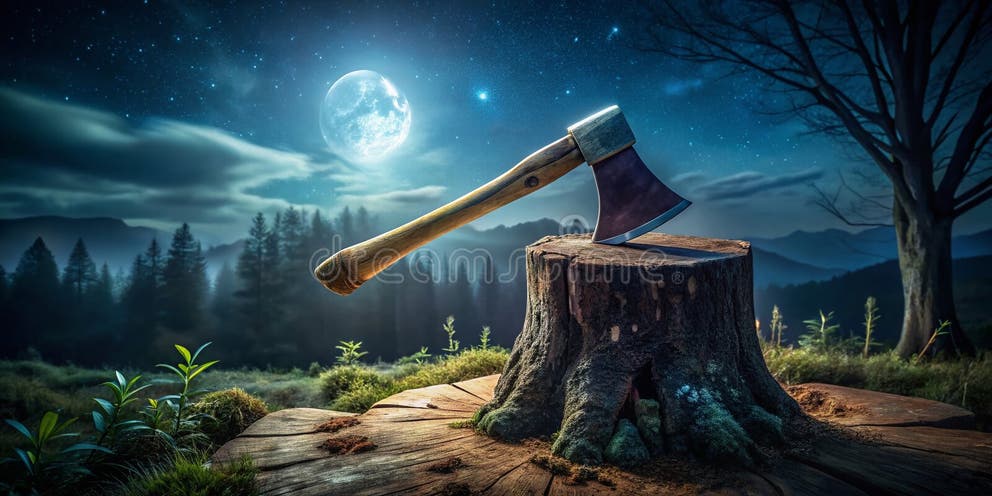 A Lumberjacks Nightfall Struggle Axe Embedded Deep in a Forest Stump ...