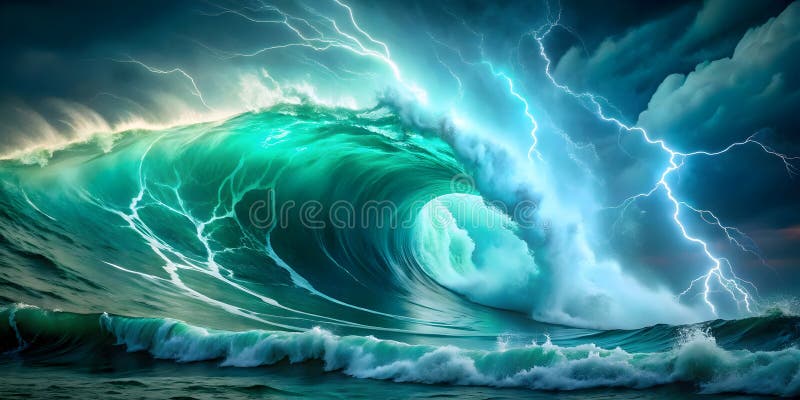A Luminescent Blue-green Wave with Lightning Inside Stock Illustration ...