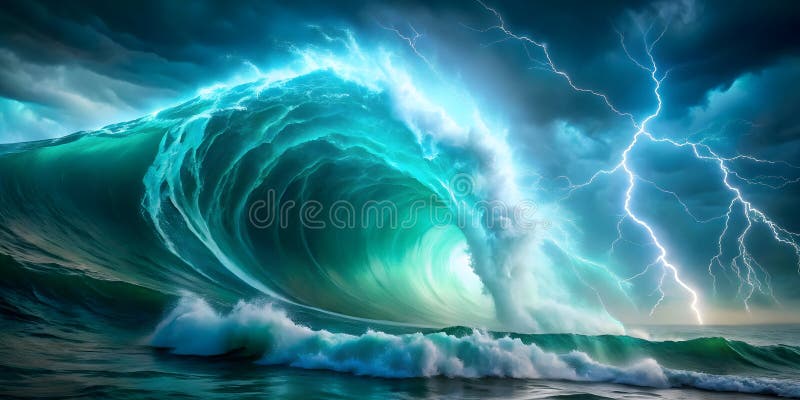 A Luminescent Blue-green Wave with Lightning Inside Stock Illustration ...