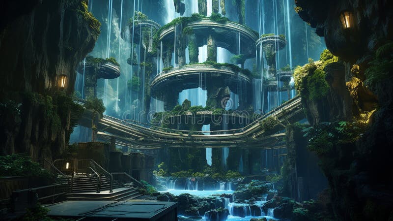 Luminescent Cascade: Techno Jungle S Enchanted Waterfall Stock ...