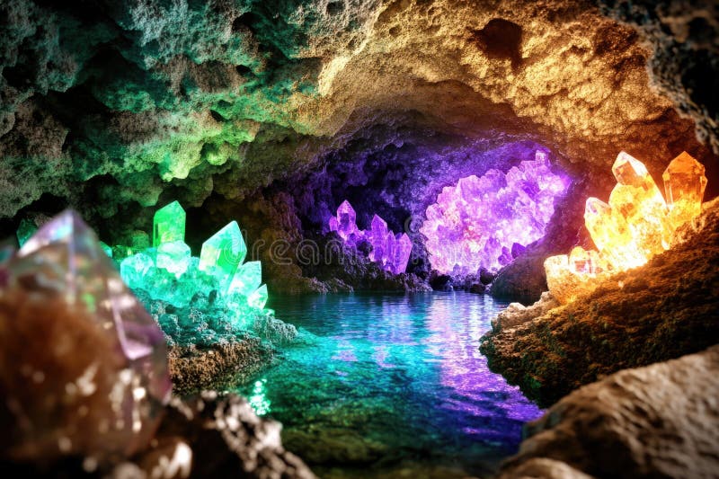 Luminescent Crystals in a Vibrant Cave with Water Reflection Stock ...