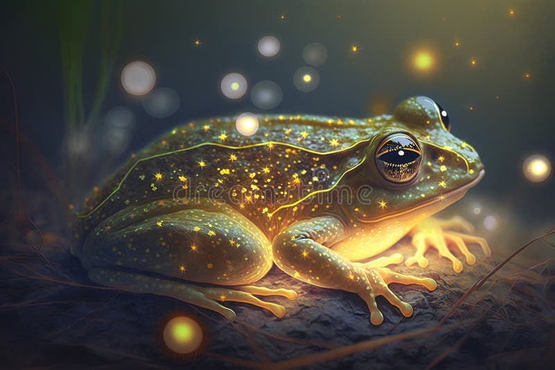 Luminescent Curled Up Sleeping Frog, Fireflies Bokeh in Front of the ...