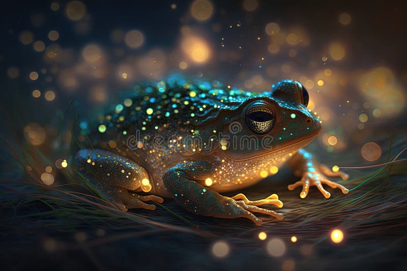 Luminescent Curled Up Sleeping Frog, Fireflies Bokeh in Front of the ...