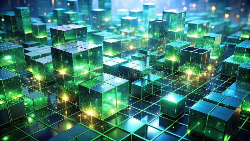 Luminescent Green Cubes in a Digital Metropolis a Futuristic Network Visualization. Generative ...