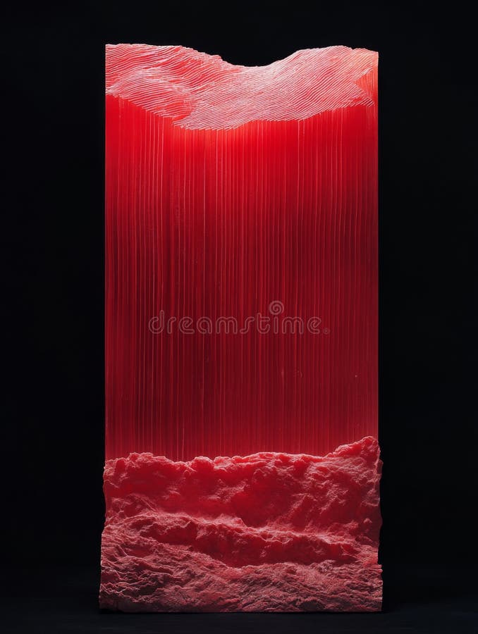Luminescent Red Sculpture with Textured Surface and Linear Pattern ...