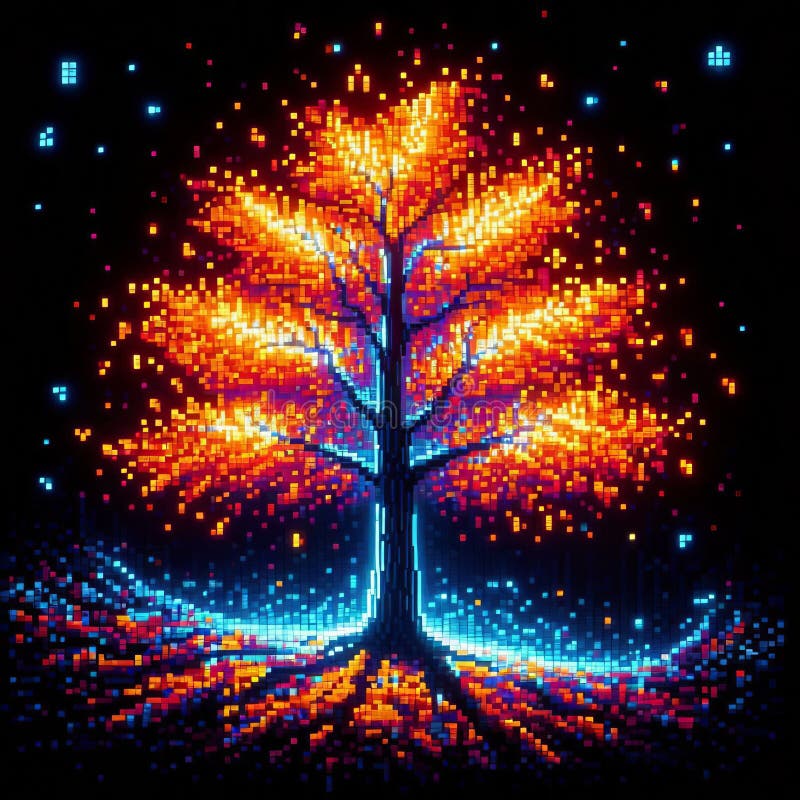 Luminogram Pixel Art a Pixelated Autumn Tree with Glowing Lumin Stock ...