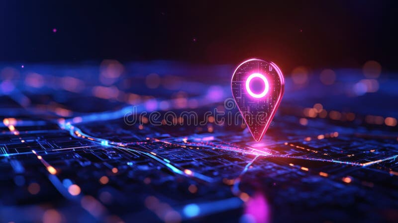 Luminous Abstract Map Location Marker Floating Over High Tech Circuitry ...