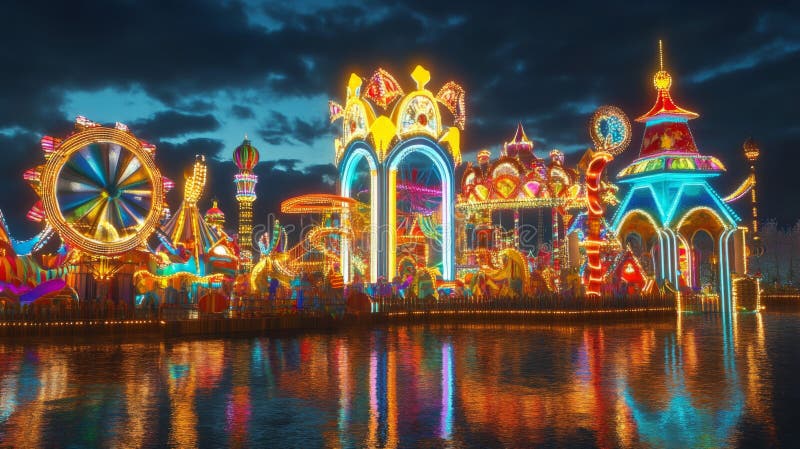 Luminous Amusement Park at Night with Water Reflections Stock ...