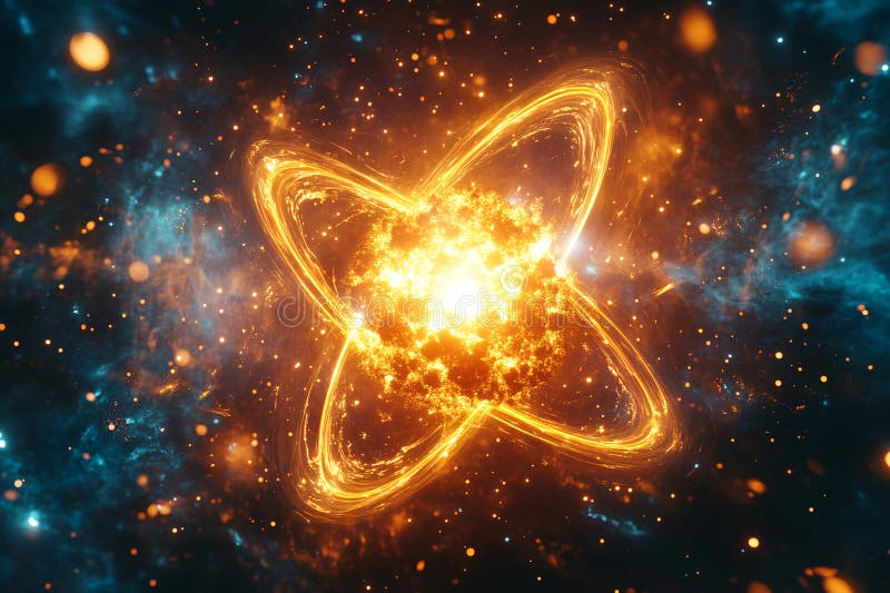 Luminous Atomic Structure with Radiant Energy Trails in Space Stock ...