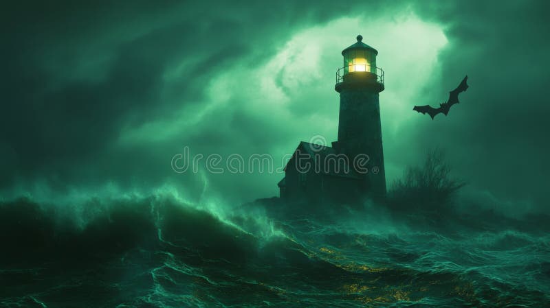 A Luminous Beacon Amidst a Stormy Sea with a Bat Flying Overhead Stock ...