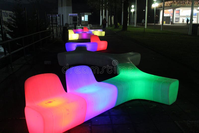 Luminous Benches Outdoor at Night Editorial Image - Image of color ...