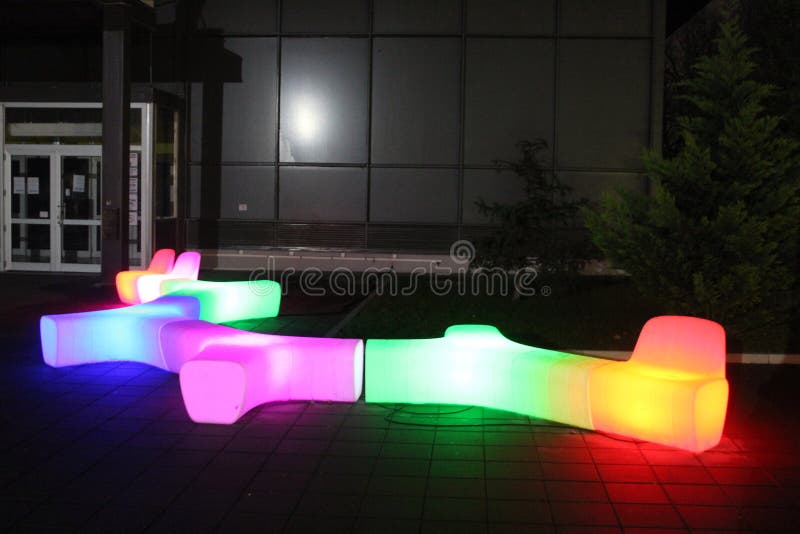 Luminous Benches Outdoor at Night Editorial Photo - Image of plastic ...