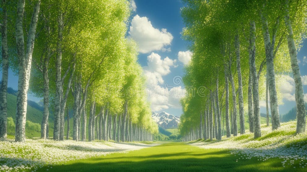 Luminous Birch Tree Forest Path with White Flowers Stock Illustration ...
