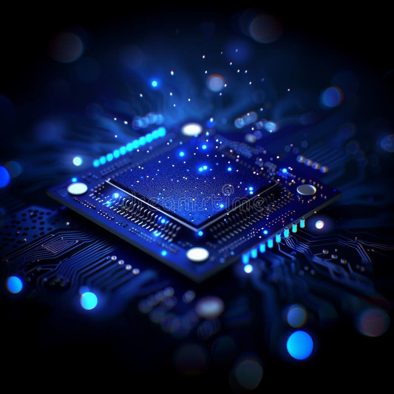 Luminous Blue Circuit Board Suspended in Abstract Dark Space with ...