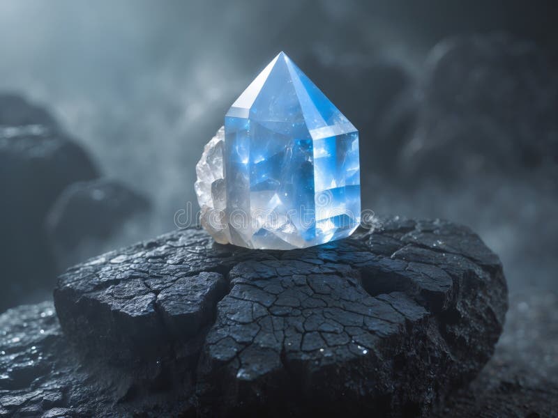 Luminous Blue Crystal Rests on Dark Volcanic Rock Stock Image - Image ...