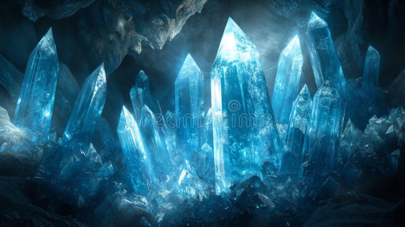 Luminous Blue Crystals in a Dark Cave Stock Illustration - Illustration ...